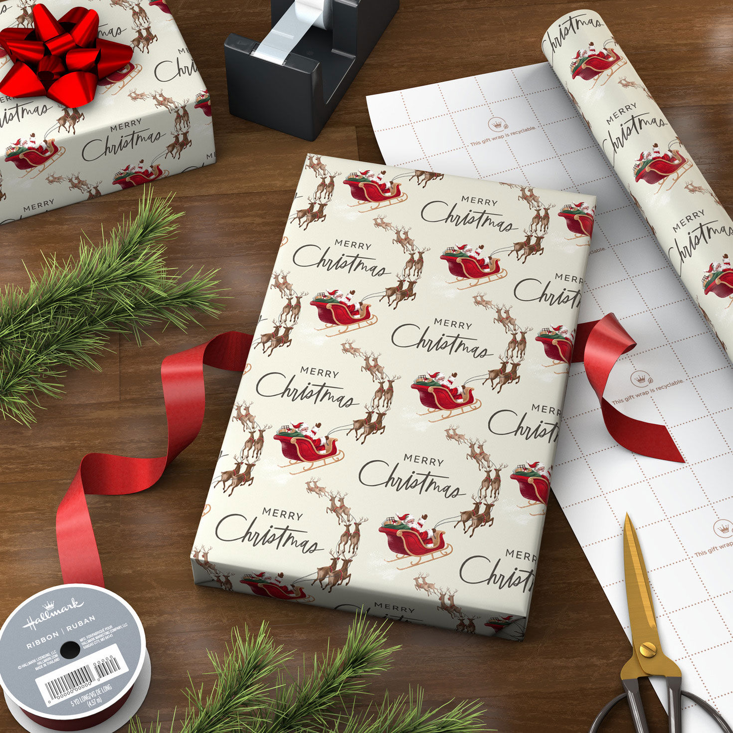 Reindeer And Sleigh On Ivory Jumbo Christmas Wrapping Paper Roll, 90 Sq ...
